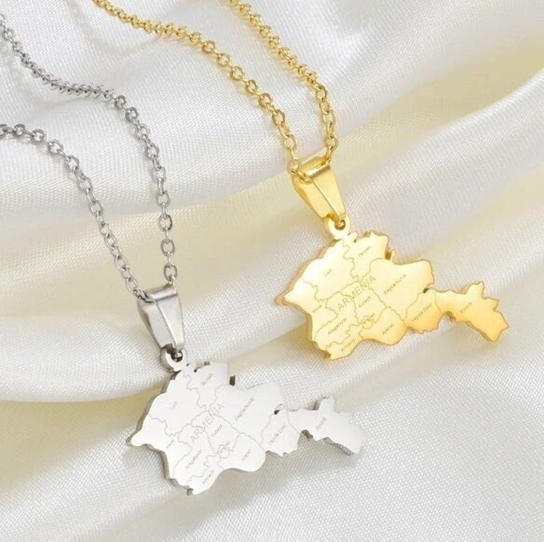 Armenia Map With City Names Pendant Necklace 18K Gold Plated Steel ...