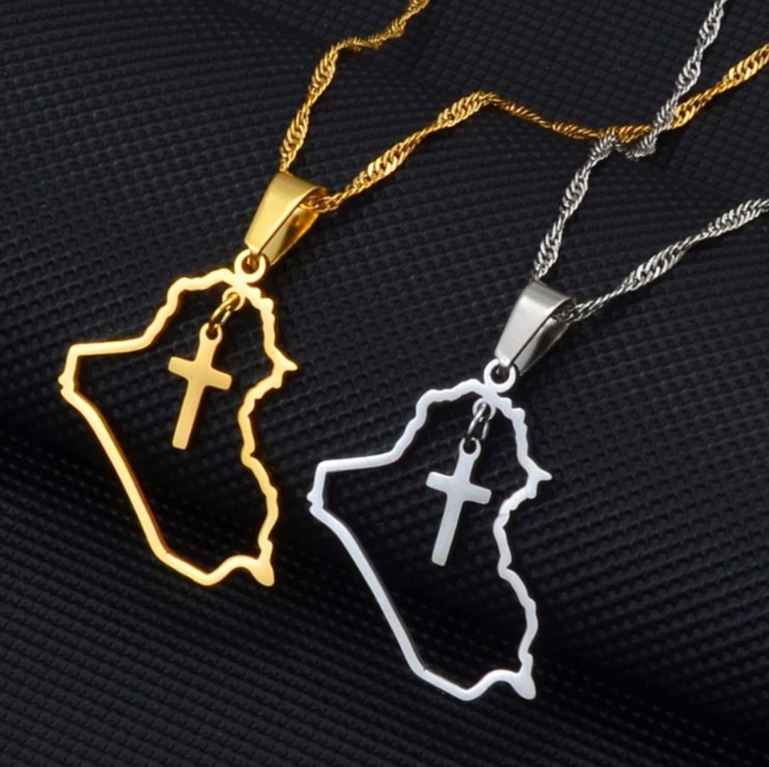 Minimalist Iraq Map Contour and Cross Pendant Necklace 18K Gold Plated ...