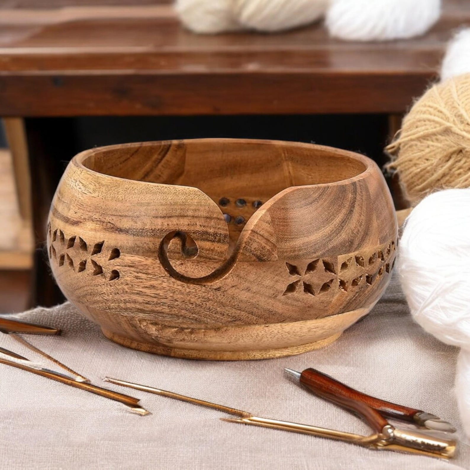 Acacia Wood Yarn Bowl - Hand Carved 7x7x4" Crochet & Knitting Holder ...