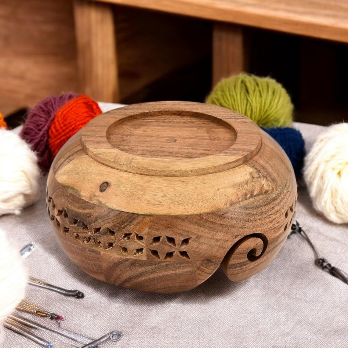Acacia Wood Yarn Bowl - Hand Carved 7x7x4" Crochet & Knitting Holder ...