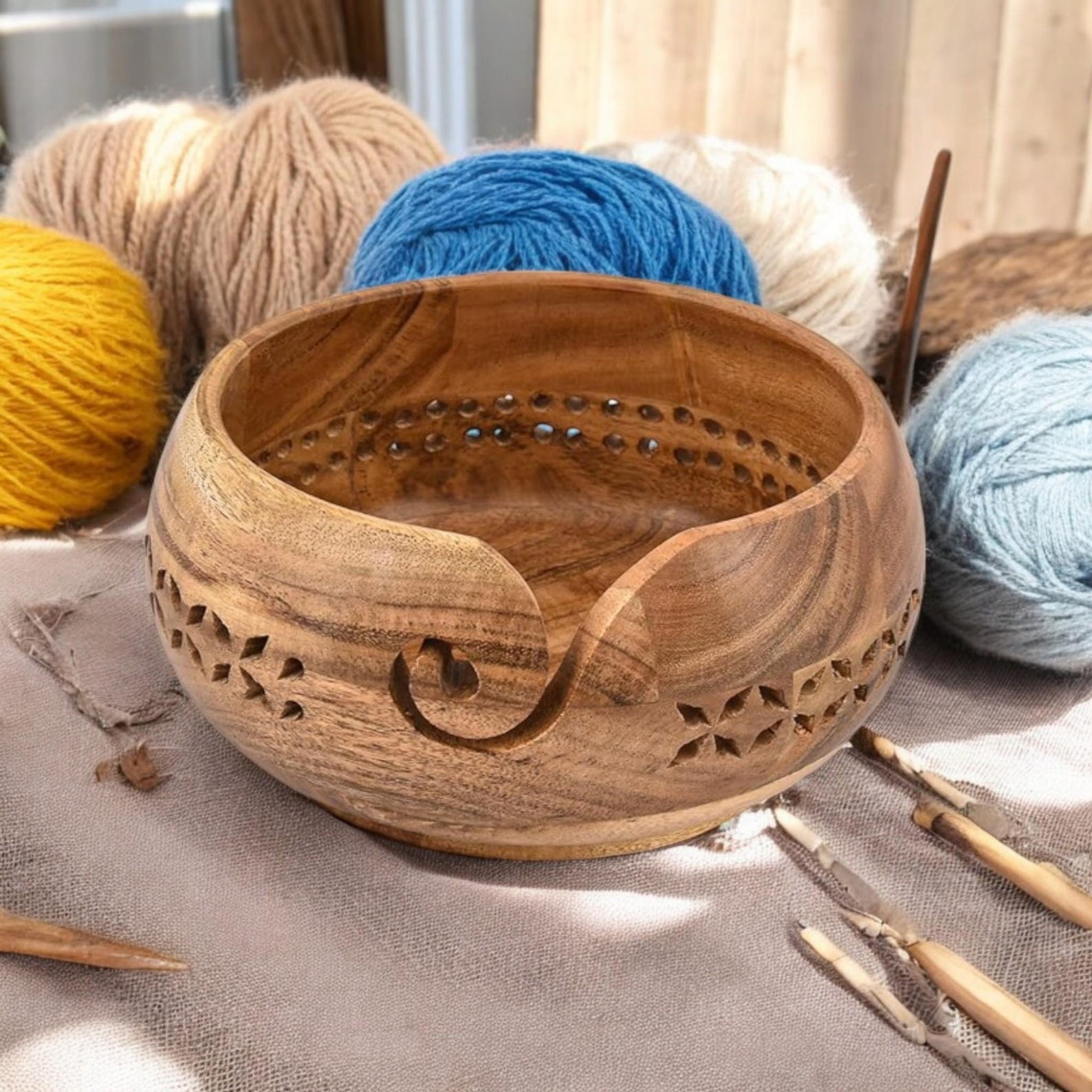 Acacia Wood Yarn Bowl - Hand Carved 7x7x4" Crochet & Knitting Holder ...