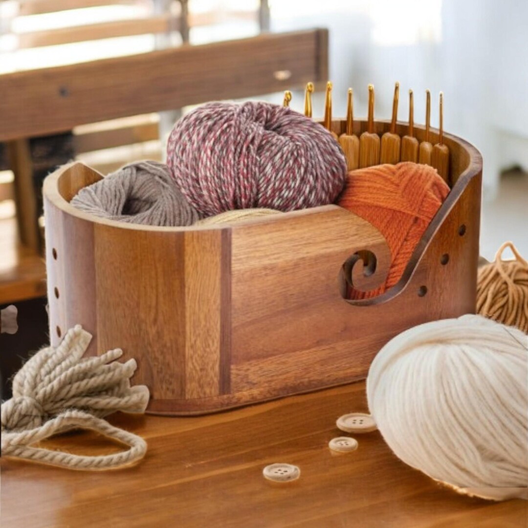 Oval Acacia Yarn Bowl – Large Crochet Yarn Holder With 9 Knitting Hooks ...