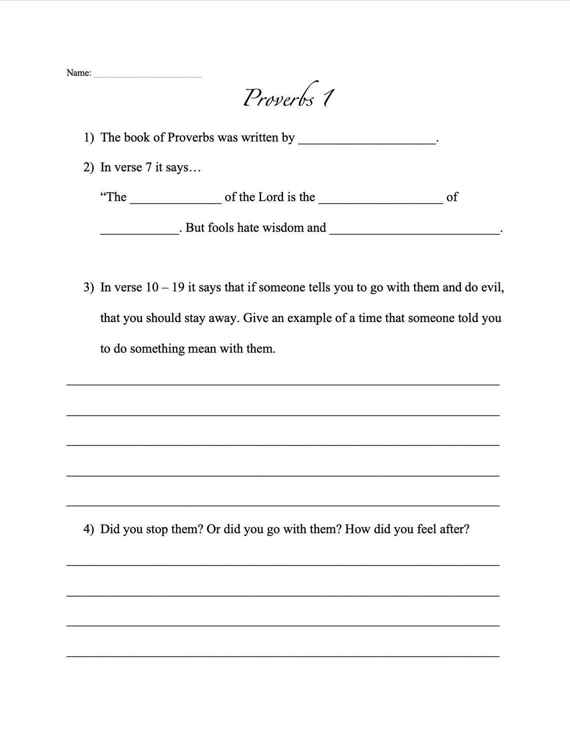 Proverbs Chapter 1 Worksheet - Etsy