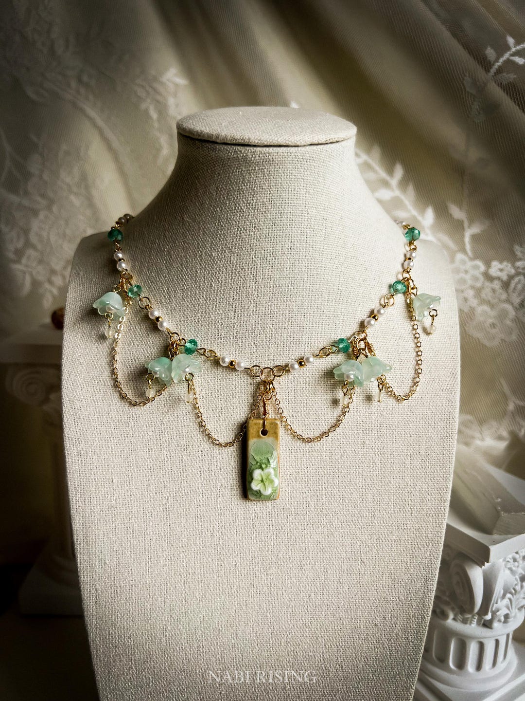 Cottagecore Necklace — Flower Charm Necklace With Pearls & Green Beads ...