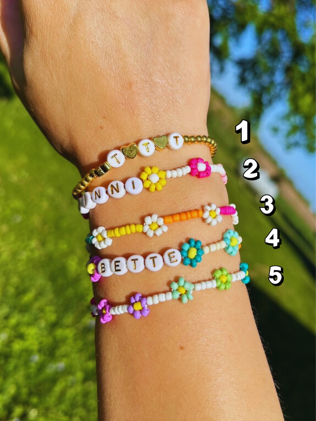 Custom Beaded Bracelets With Letters, Flowers, and Various Colors and ...