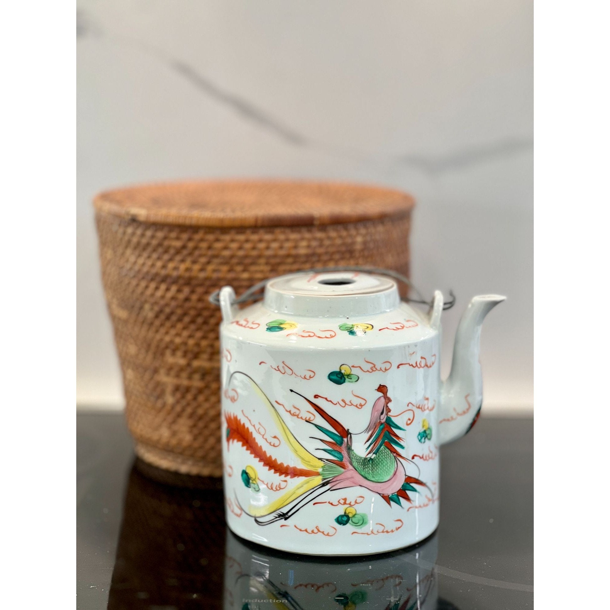 Vintage Chinese Porcelain Art Travel Picnic Tea Set With Wicker Basket ...