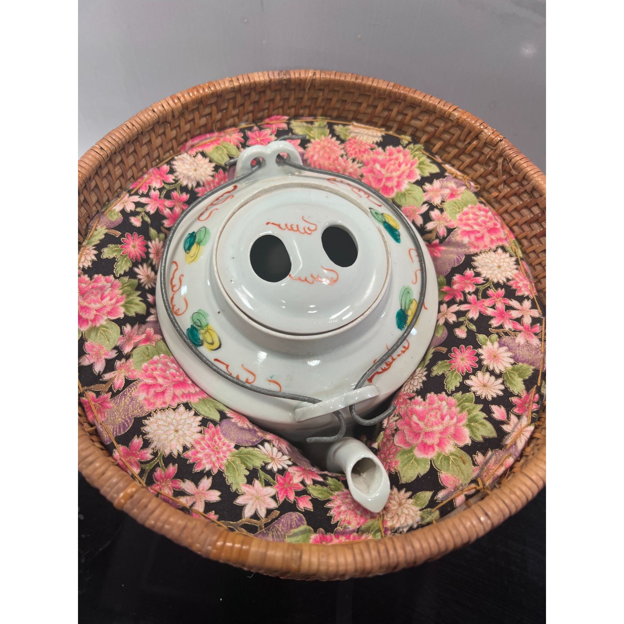 Vintage Chinese Porcelain Art Travel Picnic Tea Set With Wicker Basket ...