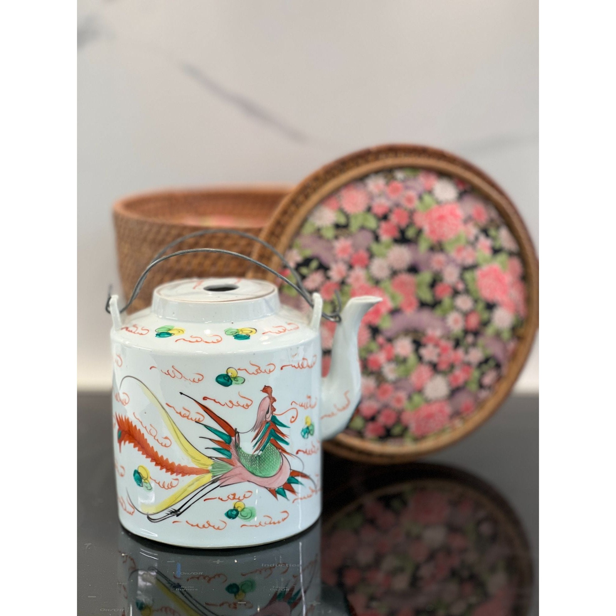 Vintage Chinese Porcelain Art Travel Picnic Tea Set With Wicker Basket ...