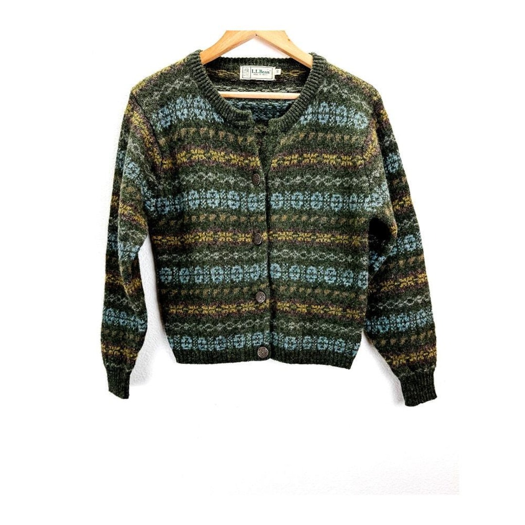 Vintage LL Bean Knit Wool Cardigan Womens S Green Fair Isle Country ...