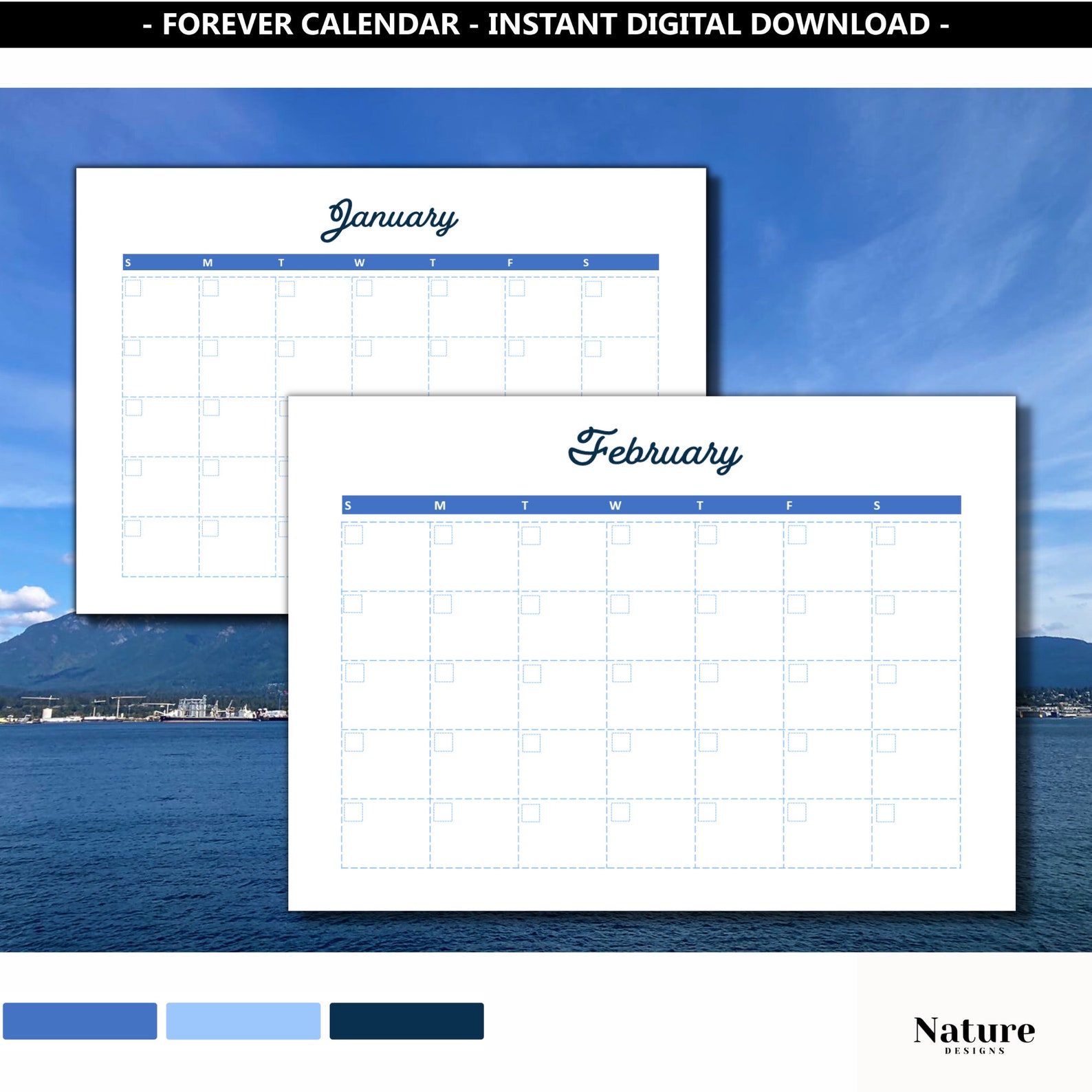 OCEAN | Monthly Calendar | Minimal | PDF Digital Printable & Editable ...