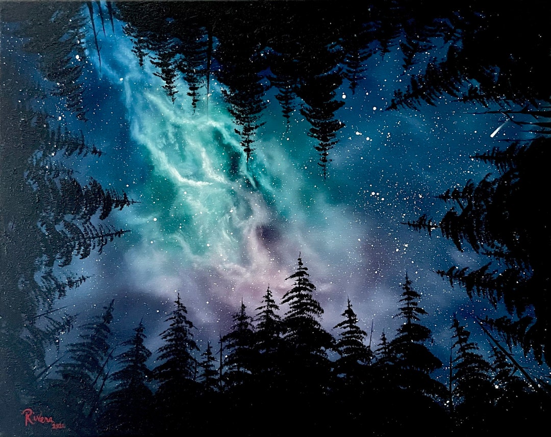 Milky Way Galaxy Night Sky Through Trees Bob Ross Style Print - Etsy