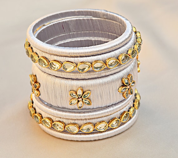 Silver Silk Thread Bangles With Kundan Work Handmade Kada Wedding Wear Silk Jewelry Party Wear. Etsy