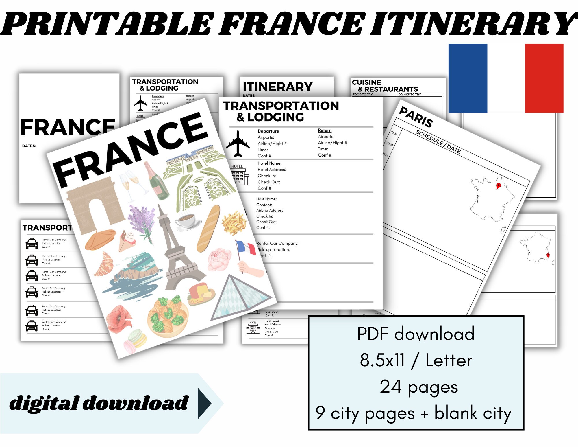 Printable France Travel Planner, Trip Planner, Printable Itinerary ...