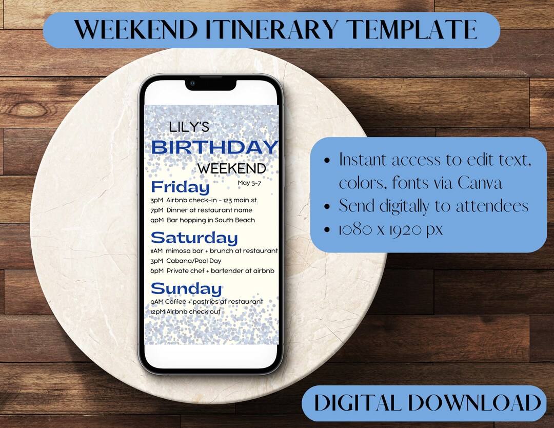 Long Weekend Itinerary, Bachelorette Party Itinerary, Digital Itinerary ...