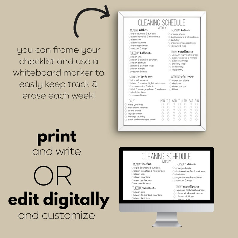 Weekly Cleaning Checklist Schedule Editable, Printable Template, House ...