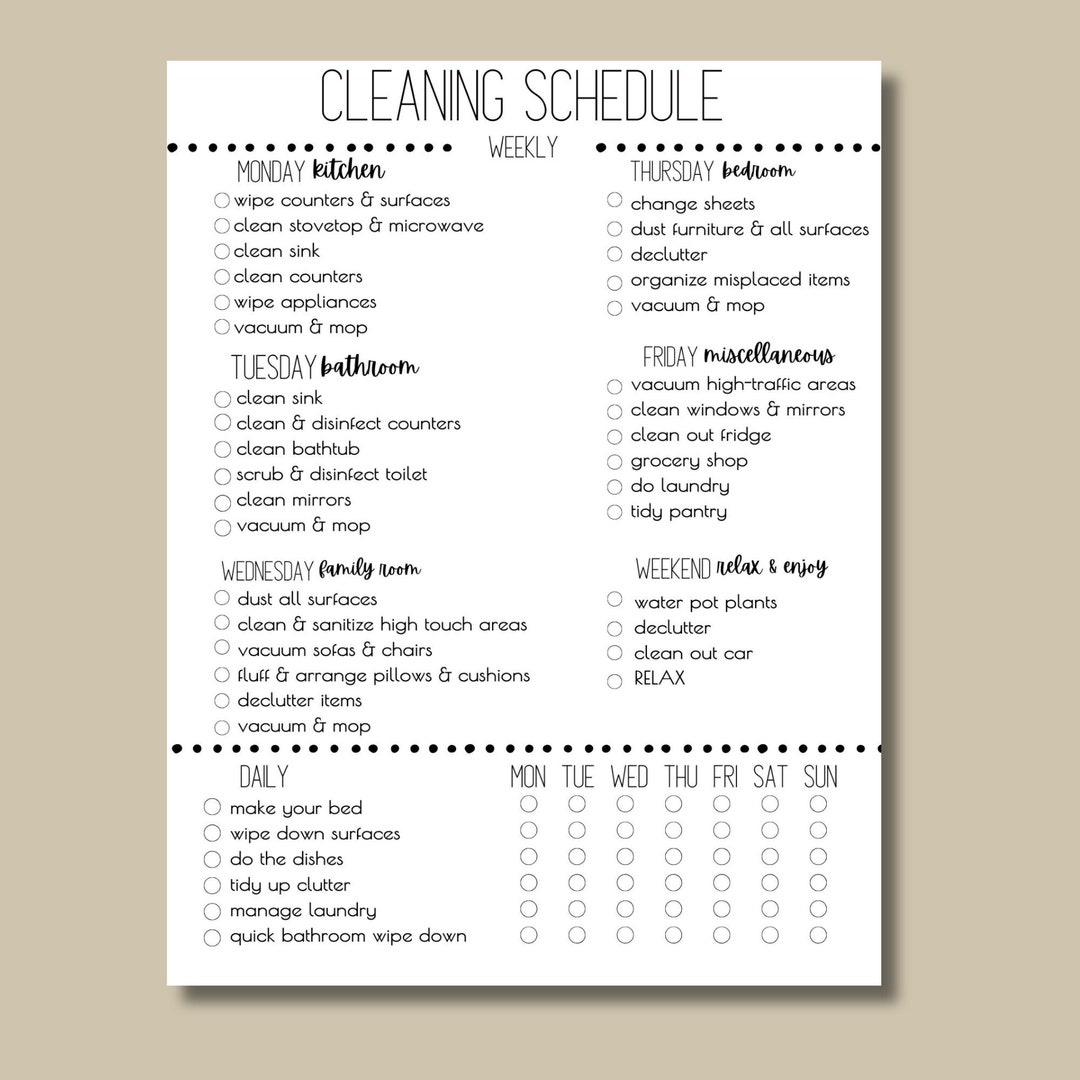 Weekly Cleaning Checklist Editable, Printable Template, House Chore ...