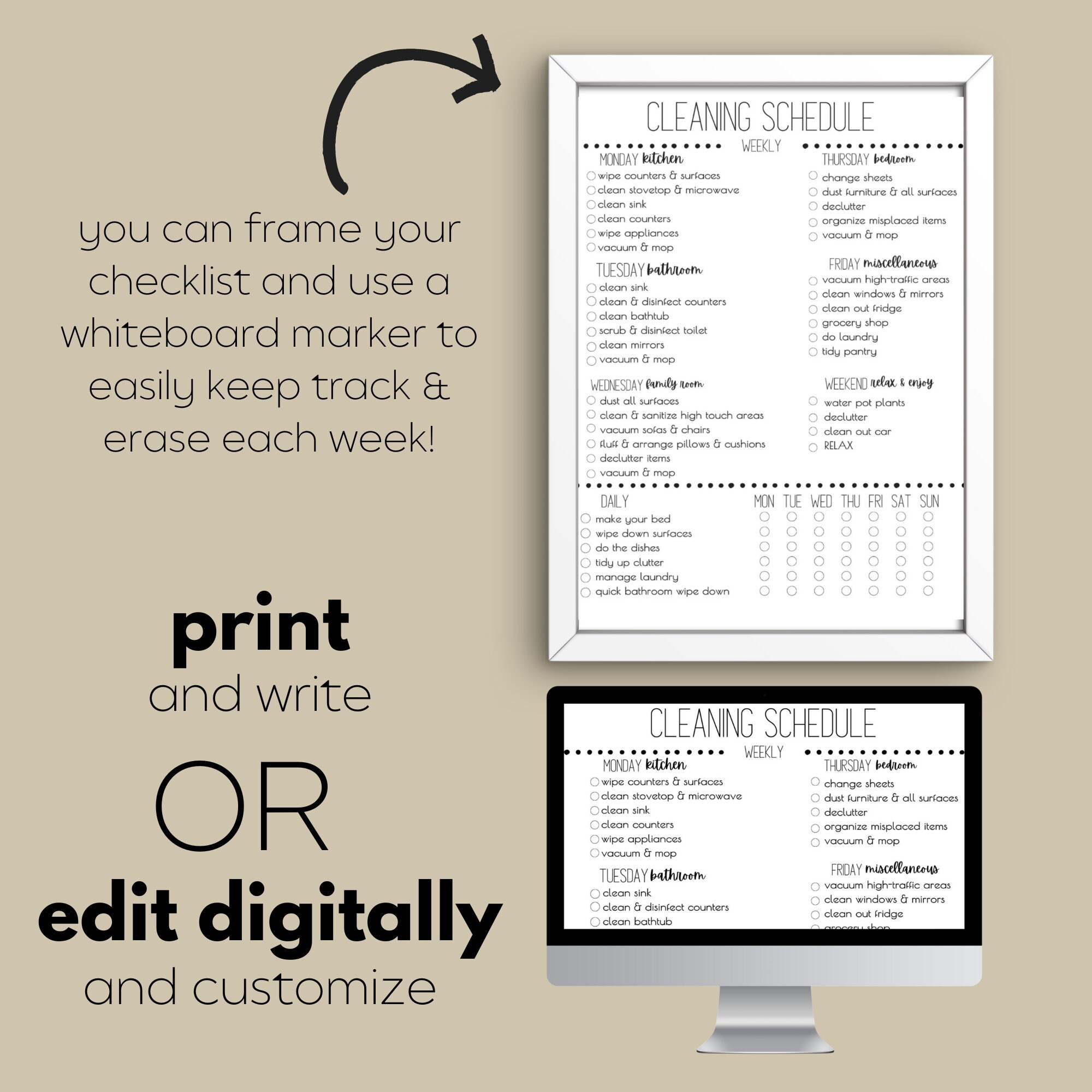 Weekly Cleaning Checklist Editable, Printable Template, House Chore ...