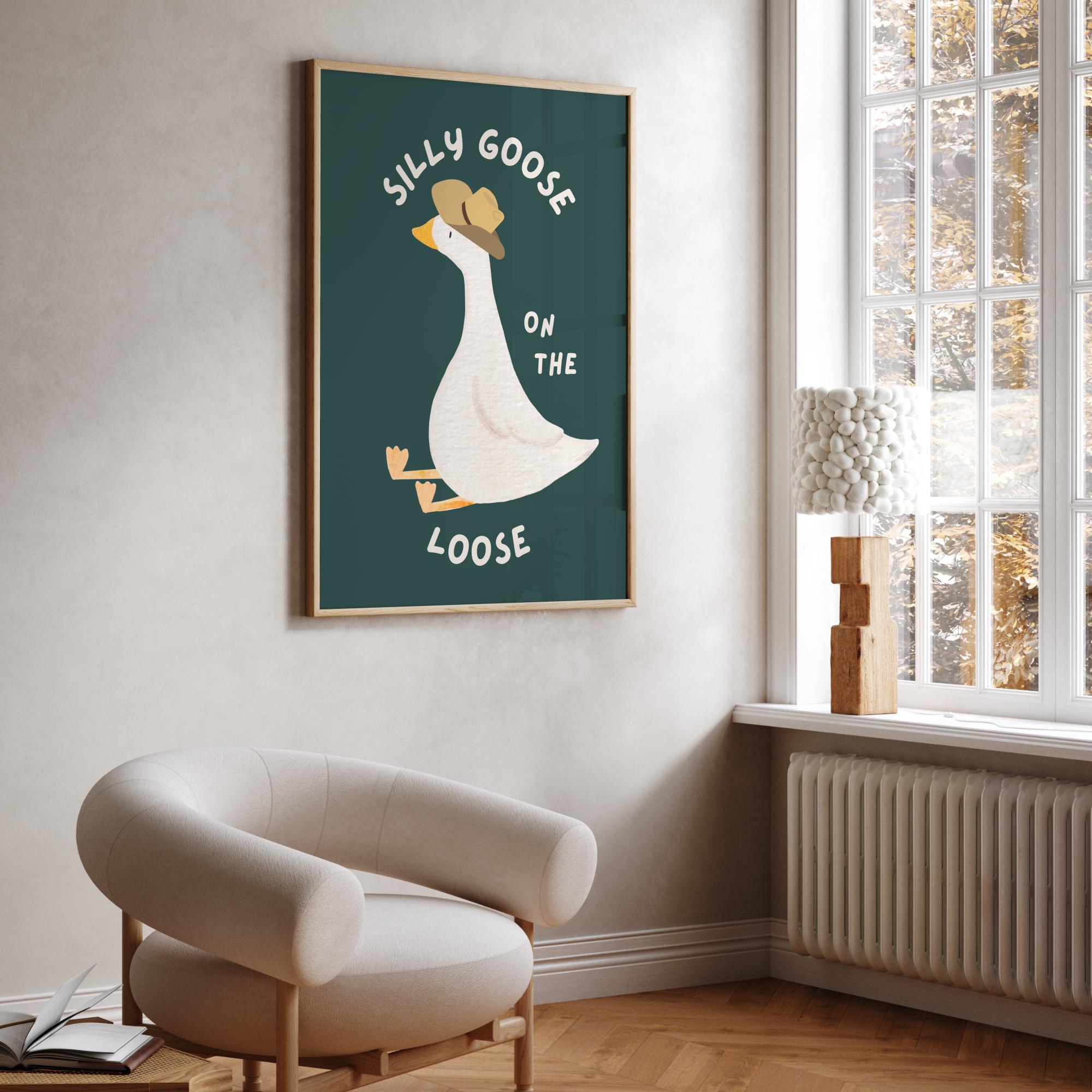 Silly Goose on the Loose Wall Art, Cute Cowboy Goose Poster, Dark Green ...