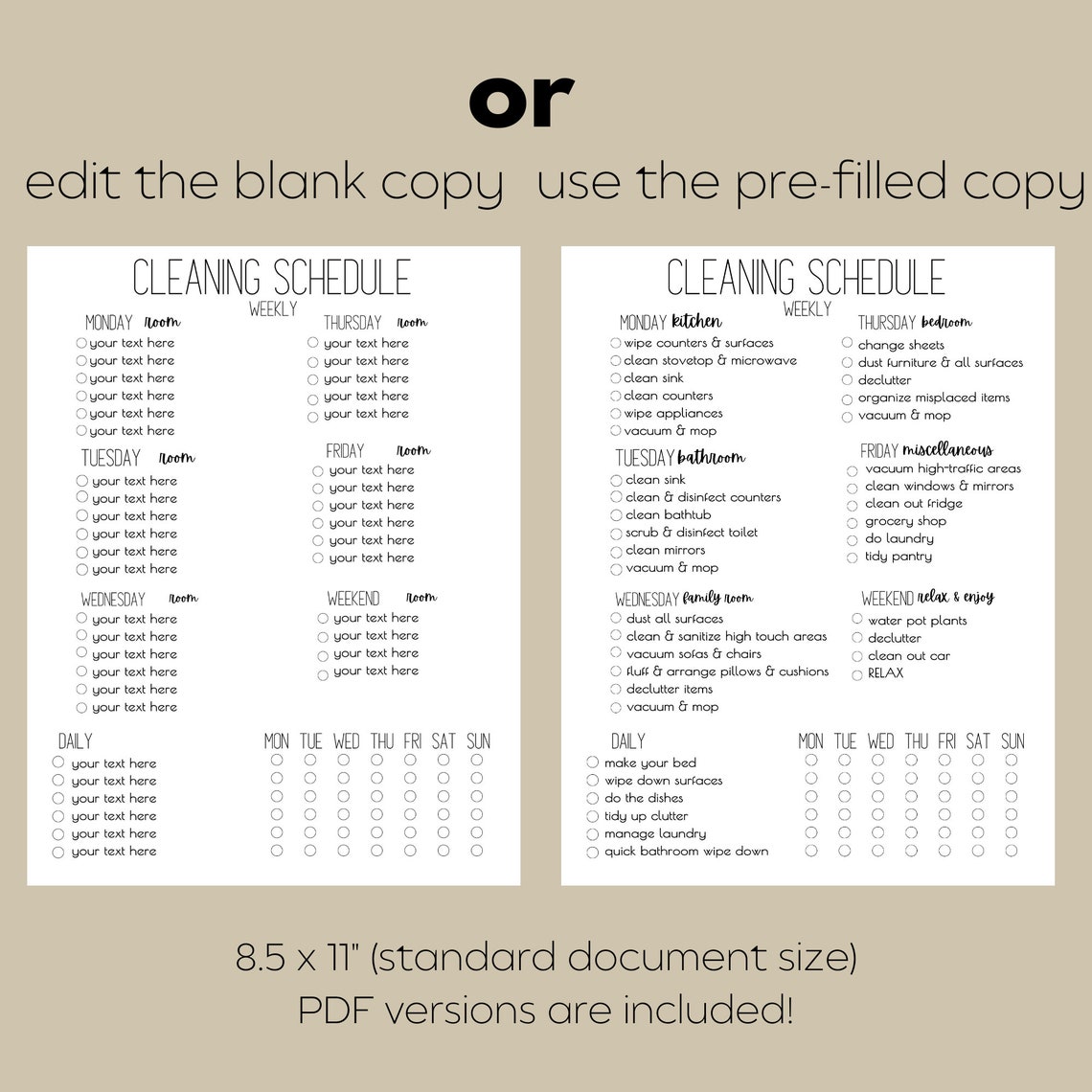 Weekly Cleaning Checklist Schedule Editable, Printable Template, House ...