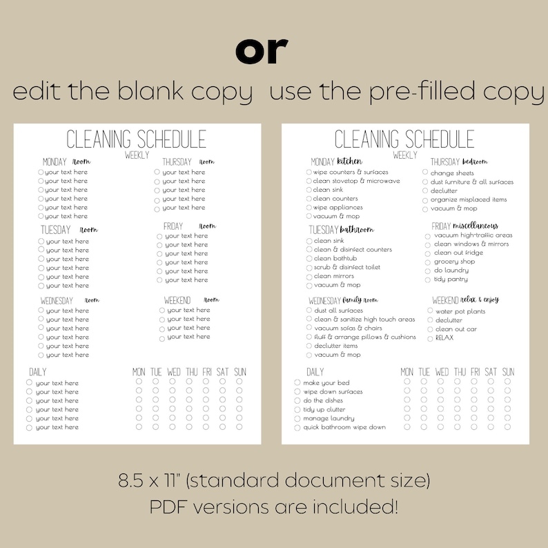 Weekly Cleaning Checklist Schedule Editable, Printable Template, House ...
