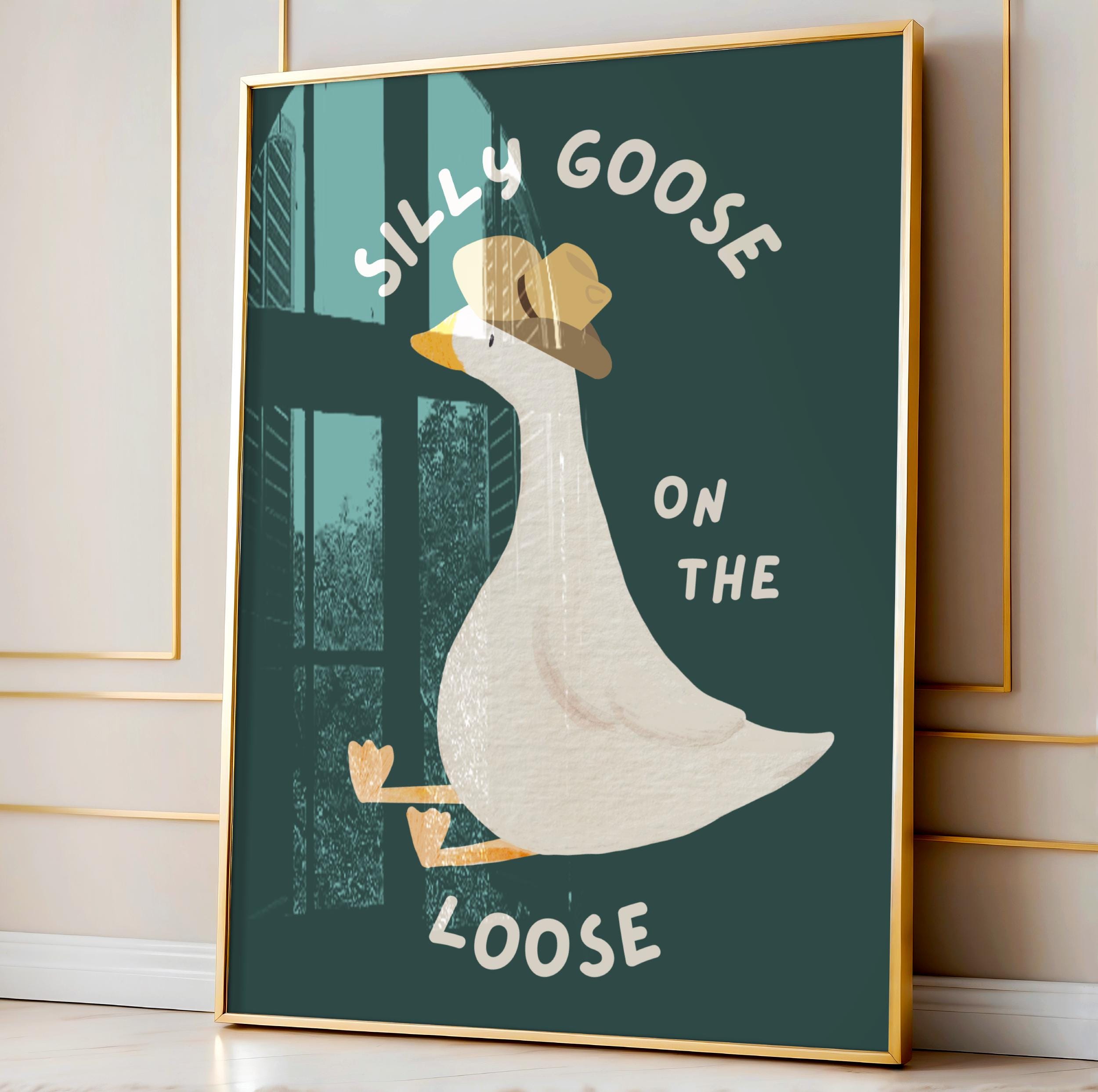Silly Goose on the Loose Wall Art, Cute Cowboy Goose Poster, Dark Green ...