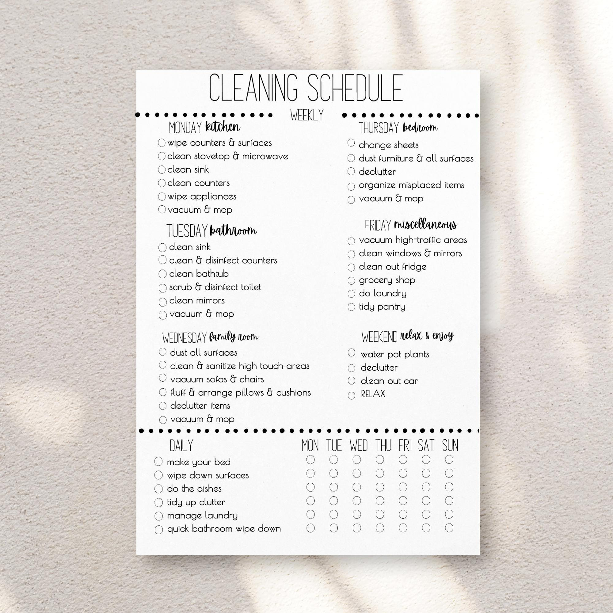 Weekly Cleaning Checklist Editable, Printable Template, House Chore ...