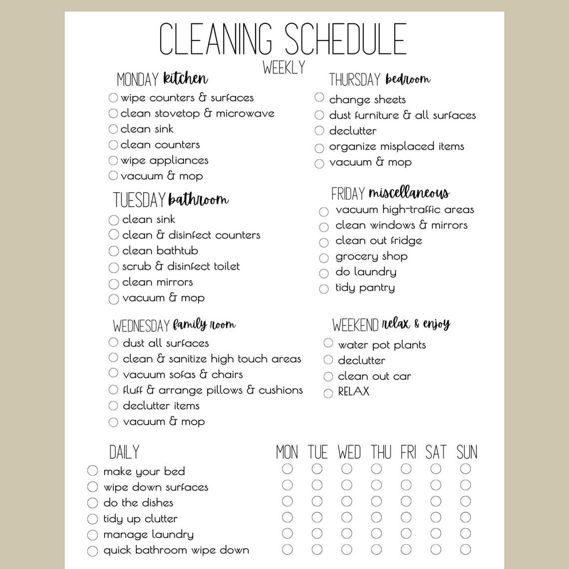 Weekly Cleaning Checklist Schedule Editable, Printable Template, House ...
