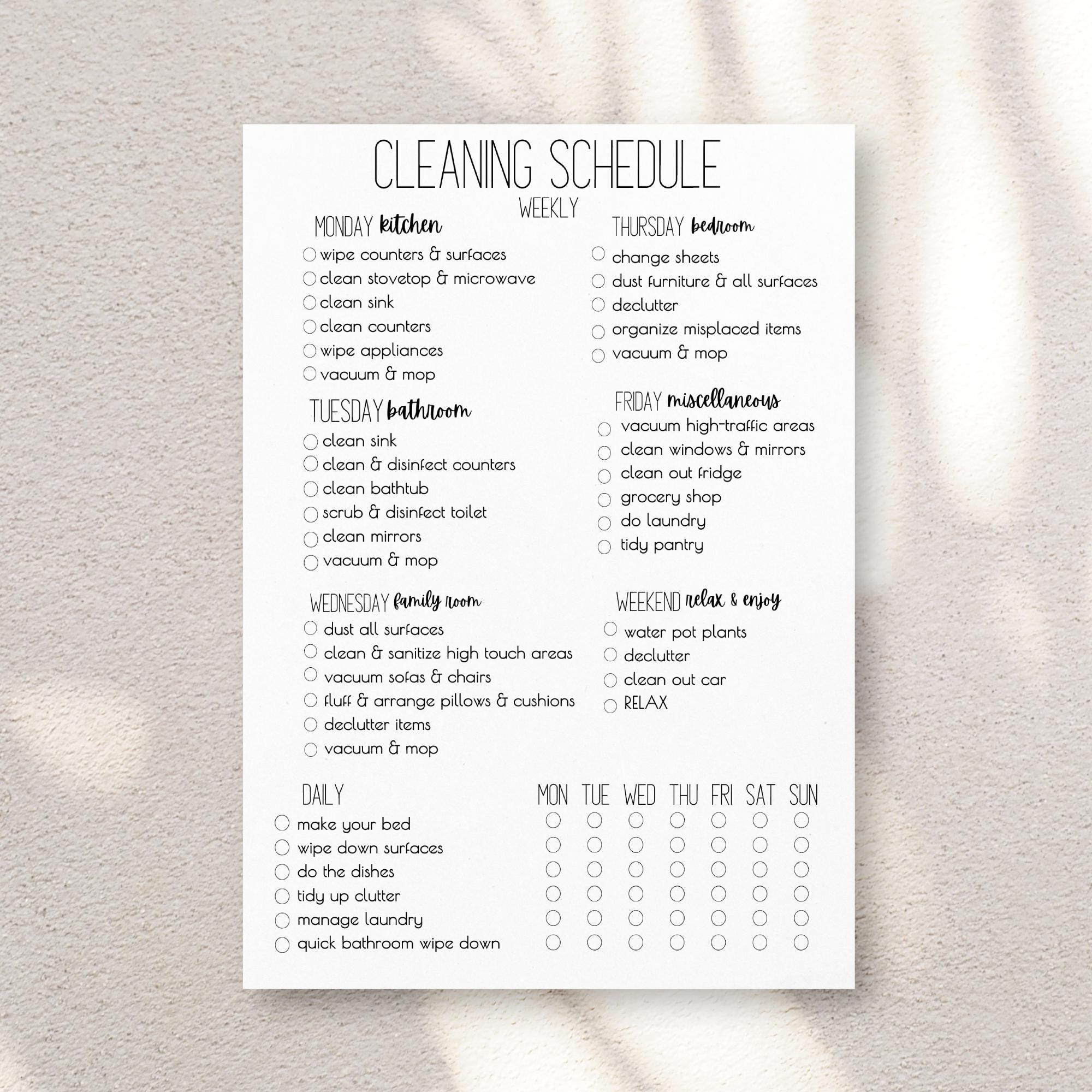 Weekly Cleaning Checklist Schedule Editable, Printable Template, House ...