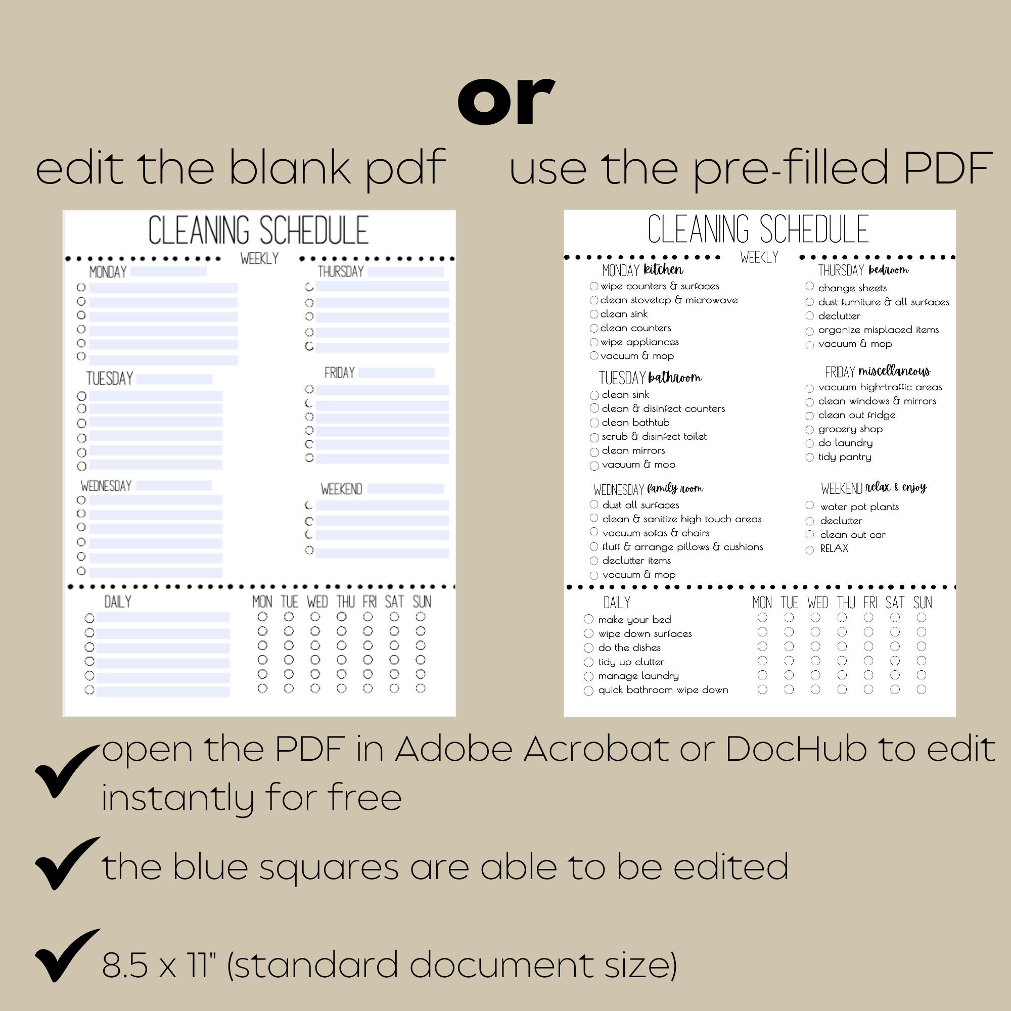 Weekly Cleaning Checklist Editable, Printable Template, House Chore ...