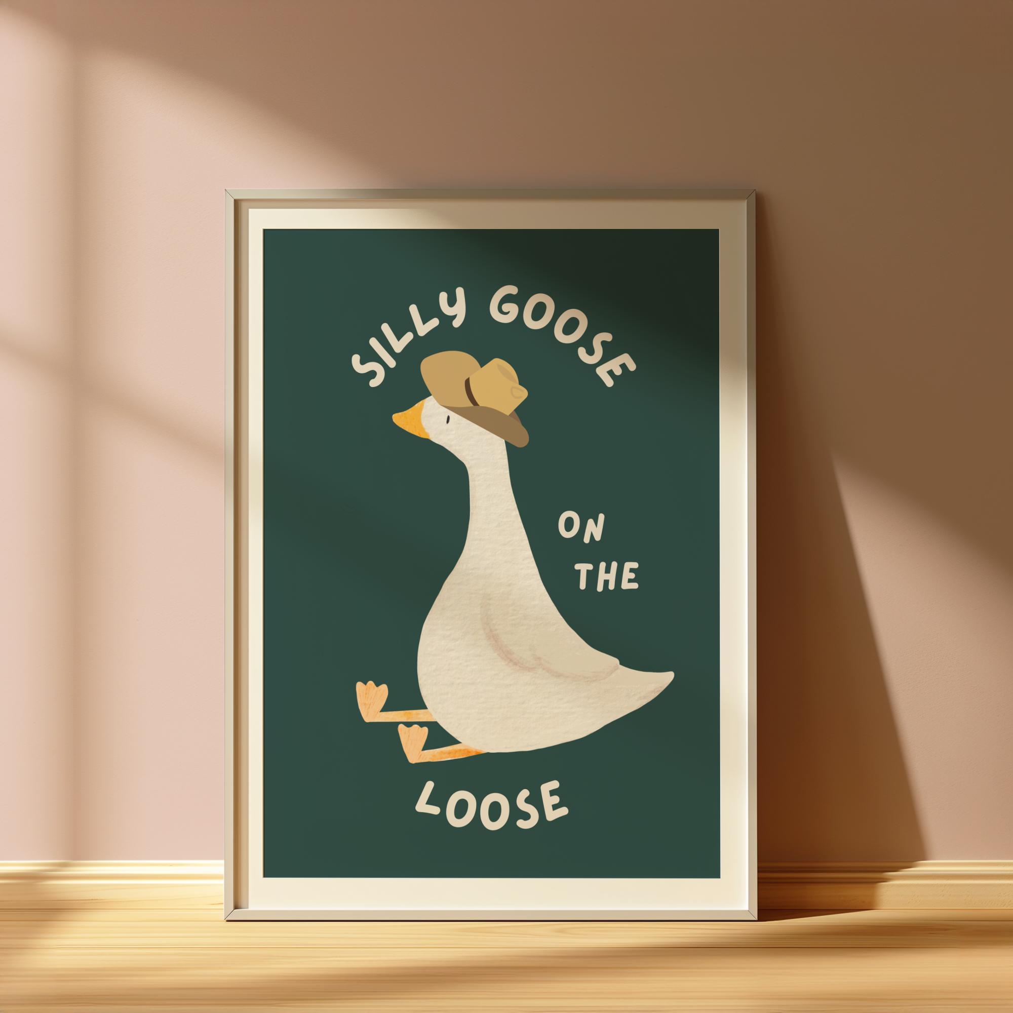 Silly Goose on the Loose Wall Art, Cute Cowboy Goose Poster, Dark Green ...