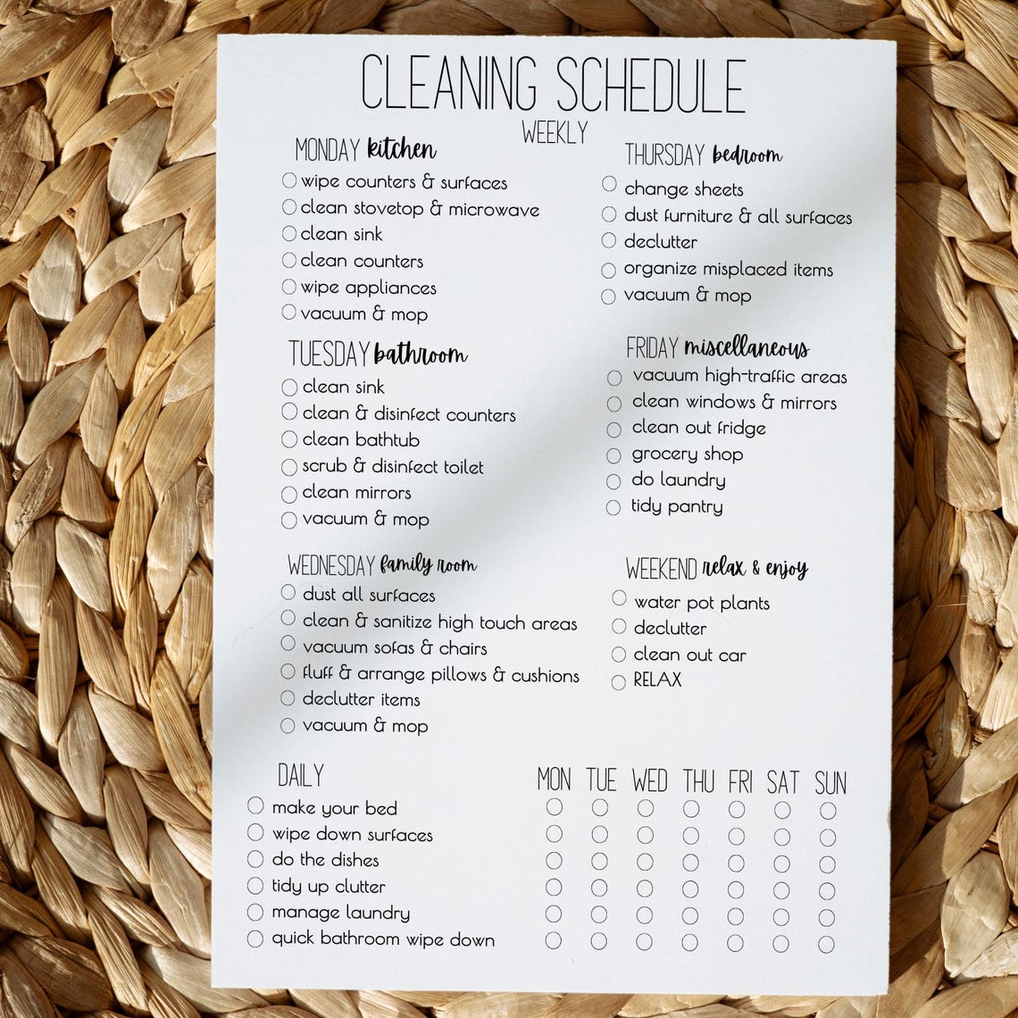 Weekly Cleaning Checklist Schedule Editable, Printable Template, House ...