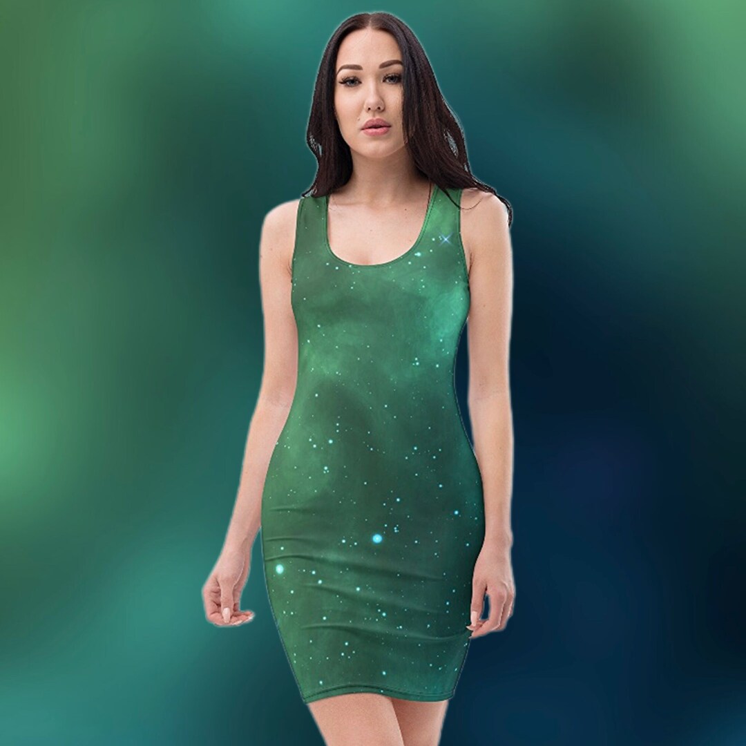 GREEN GALAXY DRESS Cosmic Space View Themed Party Dress View Slim Fit ...