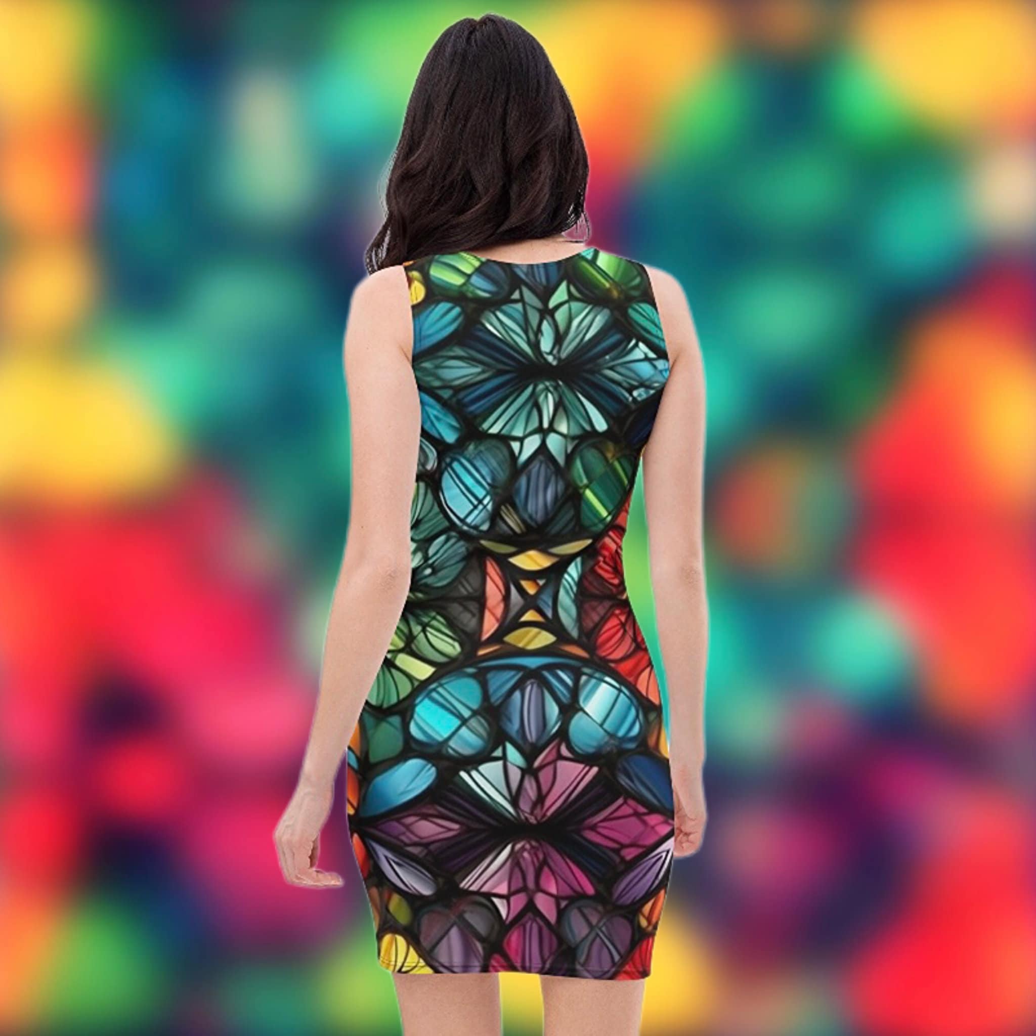 STAINED GLASS DRESS Multicolor Mosaic Pattern Art Sublimation Cut & Sew ...