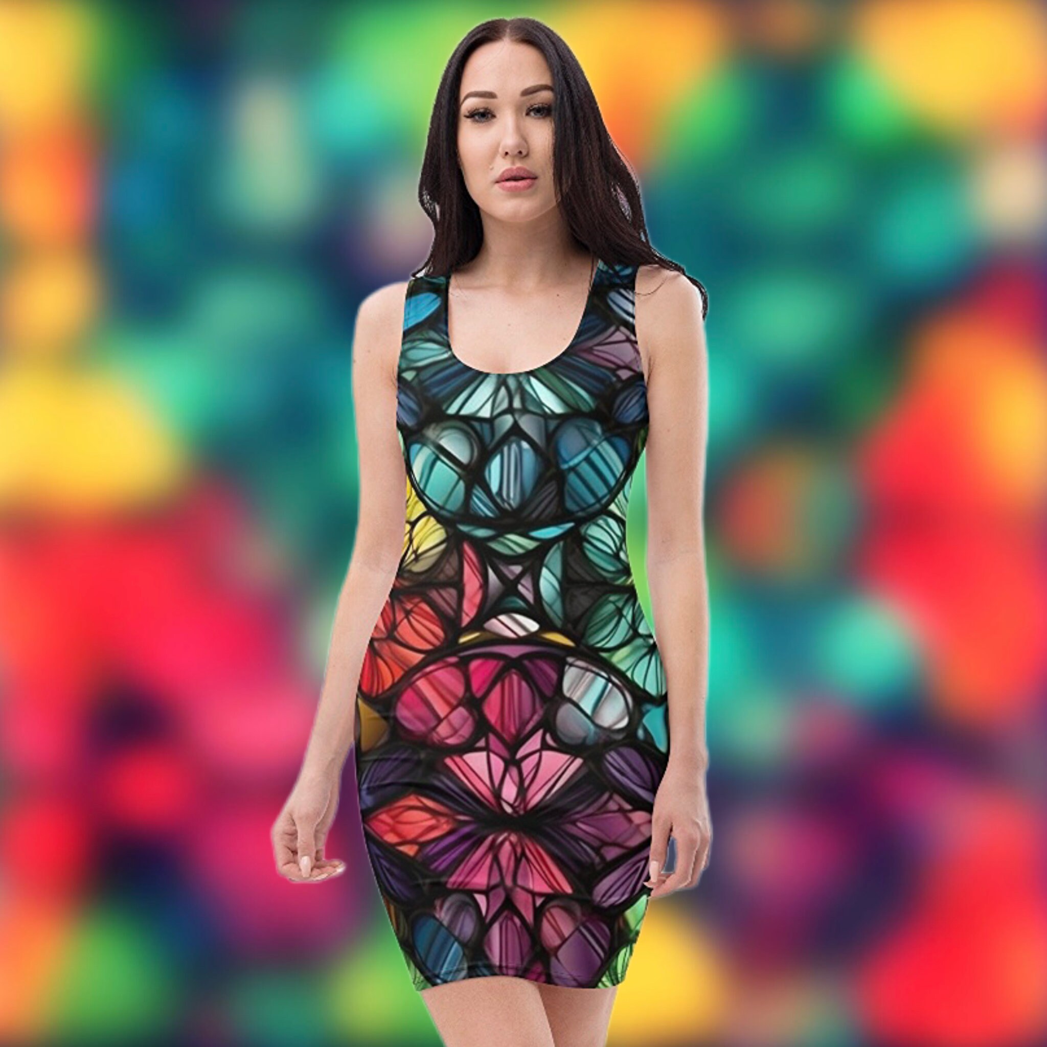 STAINED GLASS DRESS Multicolor Mosaic Pattern Art Sublimation Cut & Sew ...