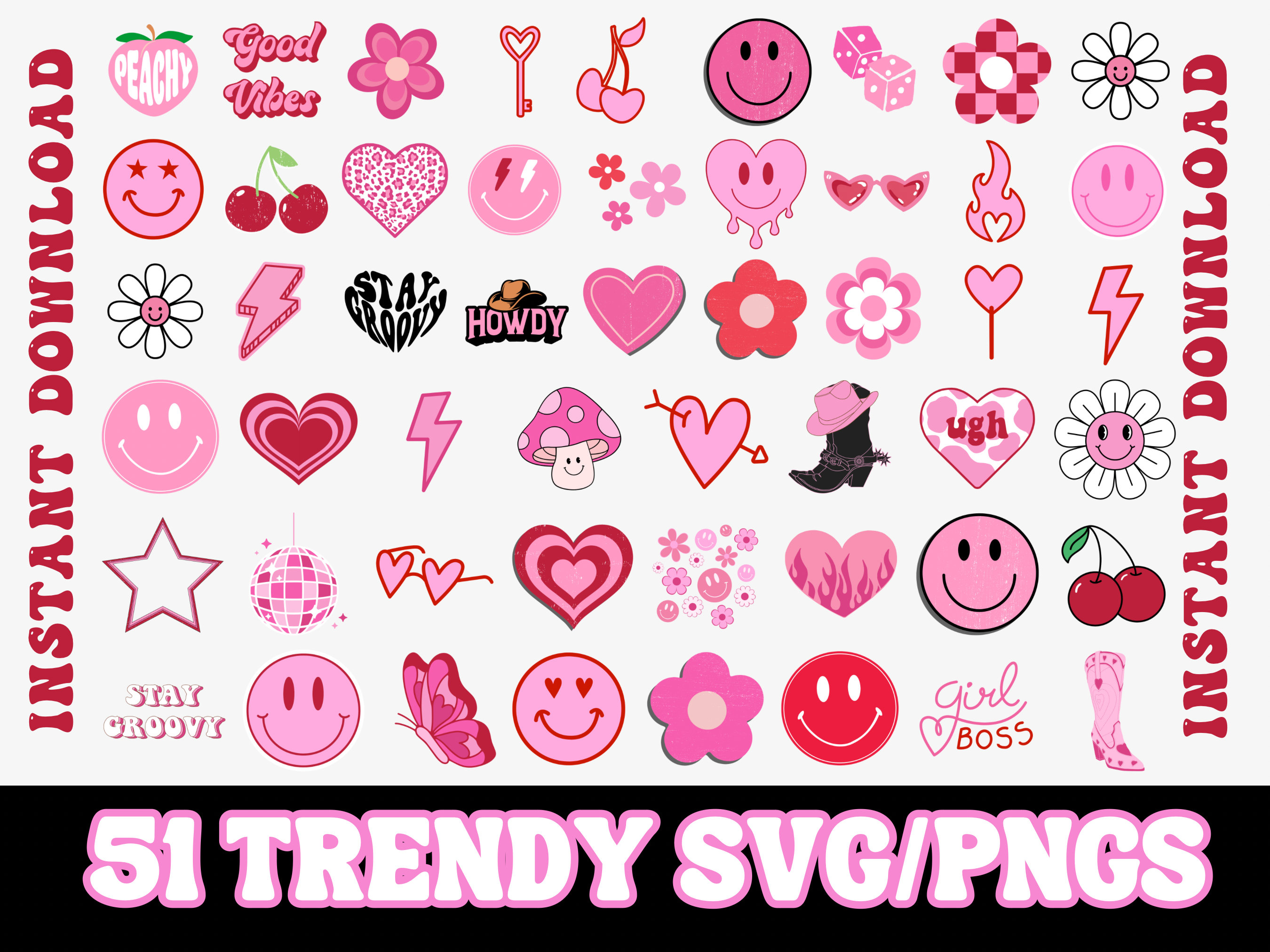 Retro SVG Bundle, Happy Face SVG, Trendy Svg Groovy Png, Red Pink SVG ...