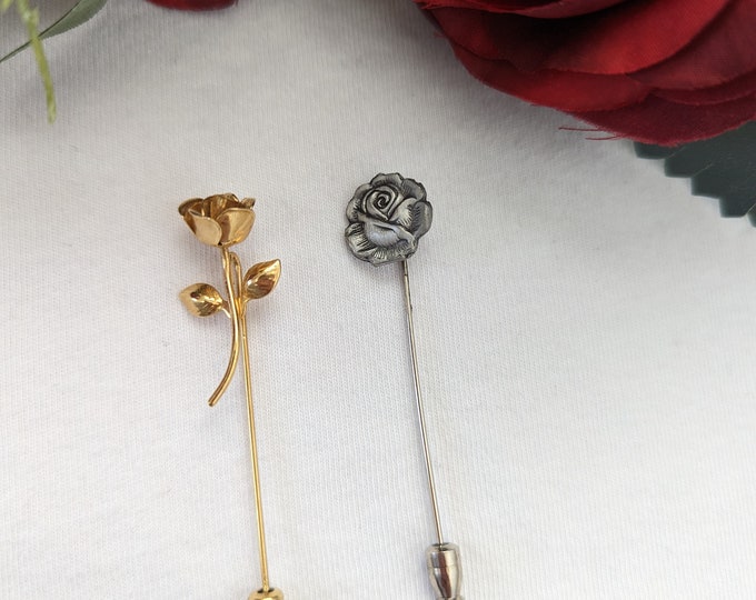 Rose Stick Pin, 2 Rose Stick Pins, Gold Colored Rose Stick Pin, Silver ...
