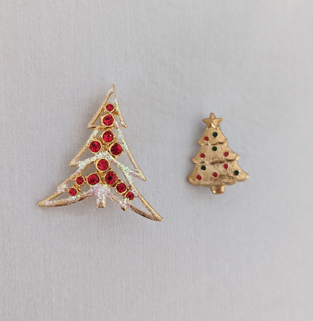 Christmas Tree Pin Brooch, 2 Christmas Tree Pins, Jeweled Christmas ...