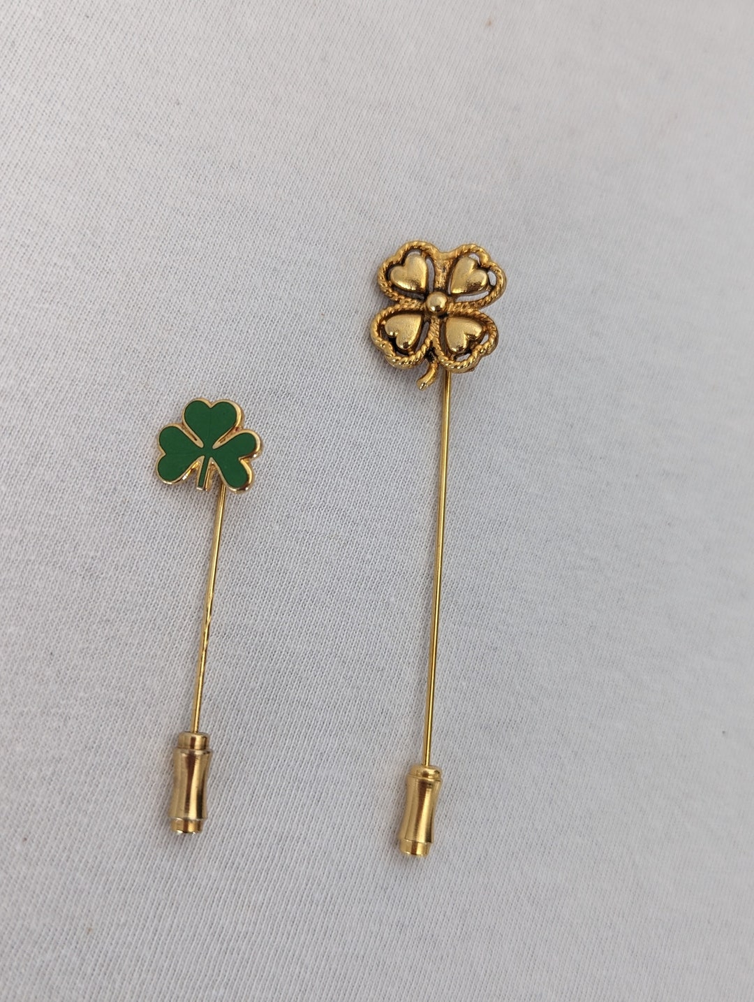 Green Shamrock Stick Pin 4 Leaf Clover Stick Pin Golden - Etsy