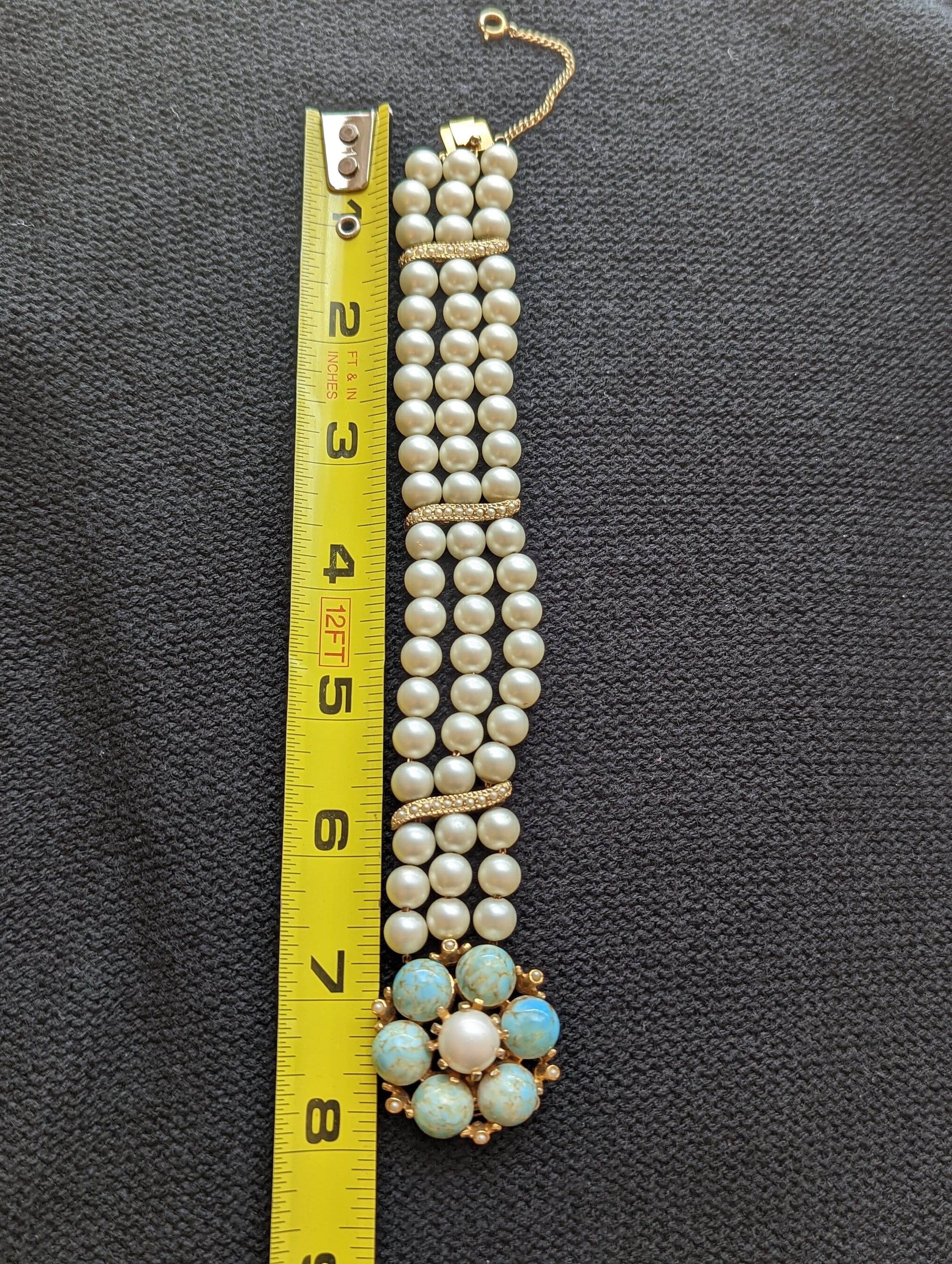 Vintage Three Strand Pearl and Turquoise Colored Bracelet With - Etsy