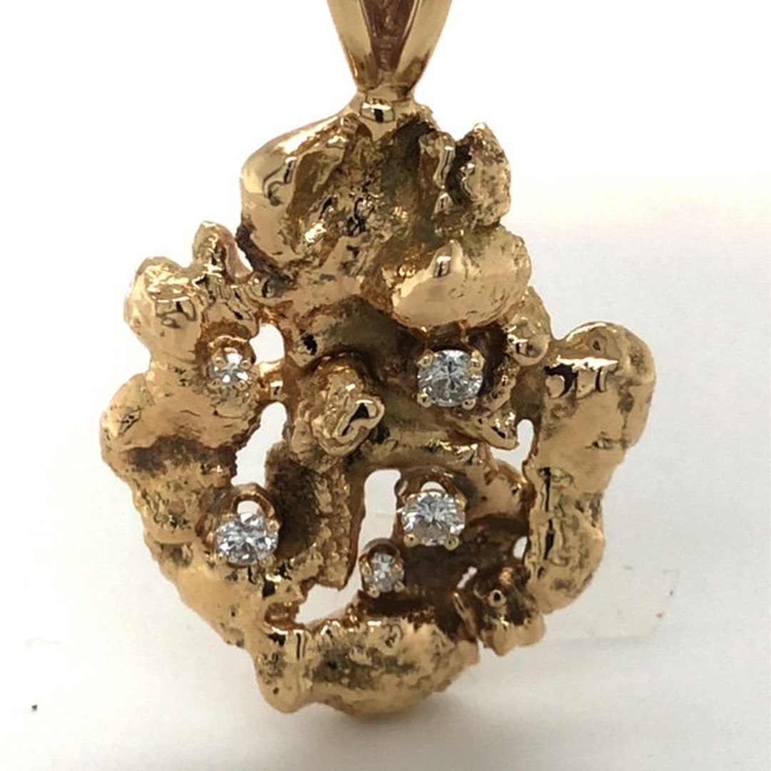Vintage Custom Made 14K Solid Yellow Gold Nugget Natural Diamond ...