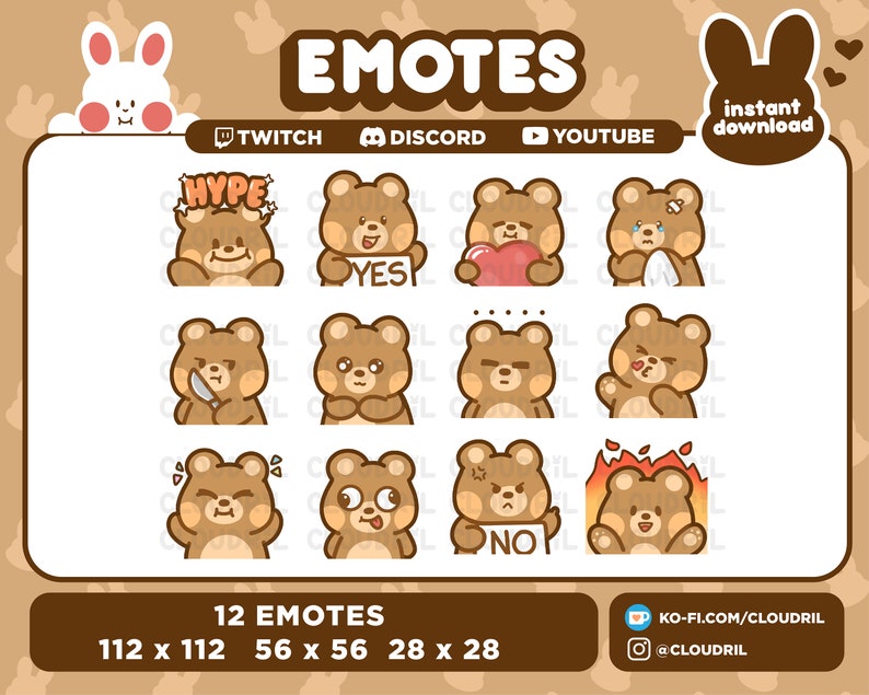 Cute Bear Emote Pack for Twitch | Discord | Youtube | Streamer Kawaii ...