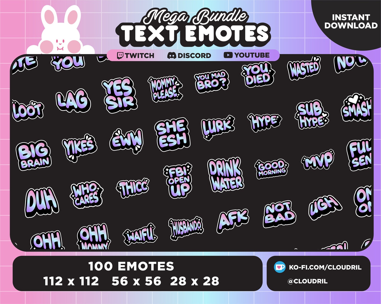 100x Mega Bundle Cute Kawaii Purple Text Emotes | Twitch | Discord ...