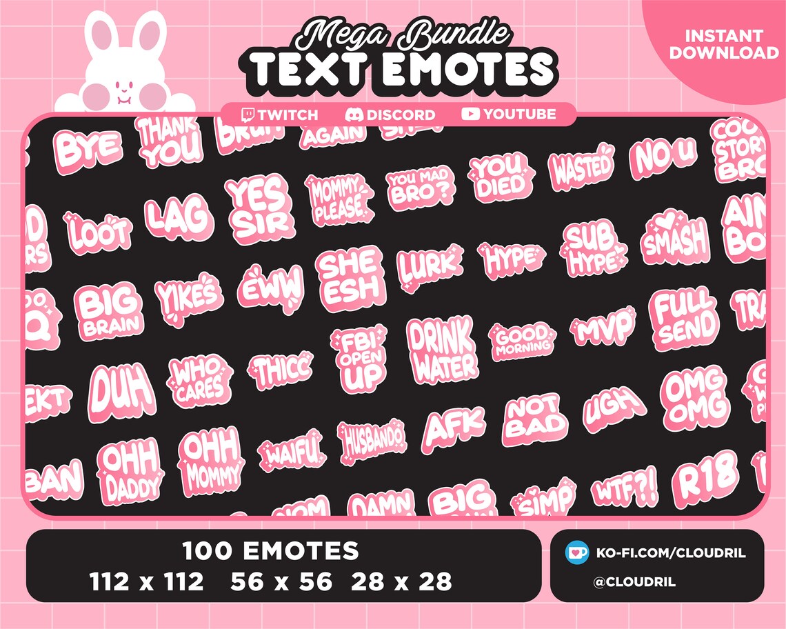 100x Mega Bundle Cute Kawaii Text Emotes | Twitch | Discord | Youtube ...