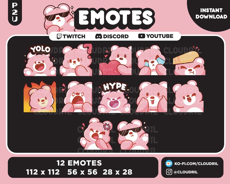 Cute Pink Pastel Teddy Bear Emote Pack for Twitch Discord Youtube ...