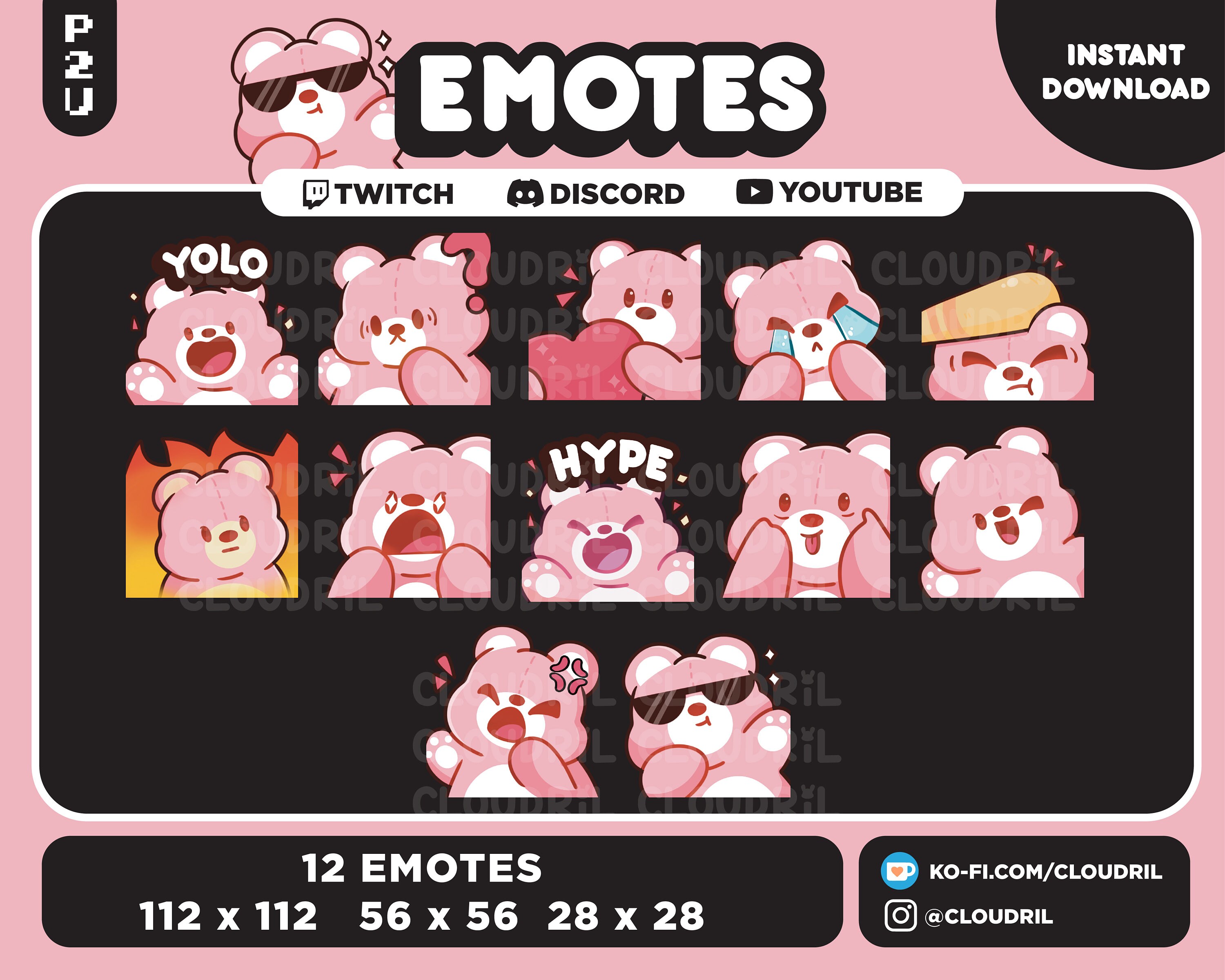 Cute Pink Pastel Teddy Bear Emote Pack for Twitch | Discord | Youtube ...