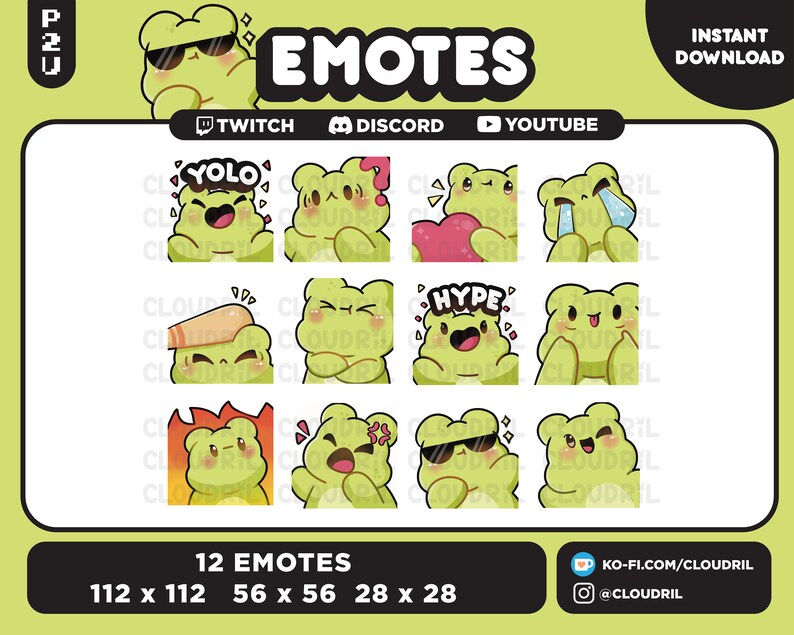 Cute Frog Emote Pack for Twitch Discord Youtube Streamer Kawaii Sticker ...