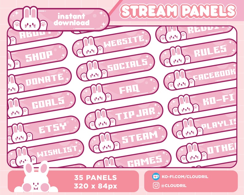 35x Stream Panels Cute Pink Bunny | Kawaii Bunny Panels | Twitch Panels ...