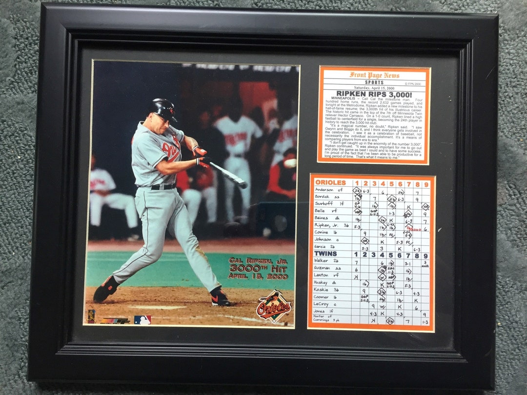 Framed Plaque (photo and Lineup Card) of Cal Ripken Getting 300th Hit ...