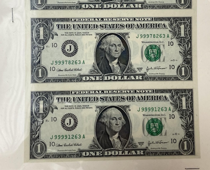 Genuine Vintage Uncut Sheet of Four One Dollar Bills (last is "9999 ...