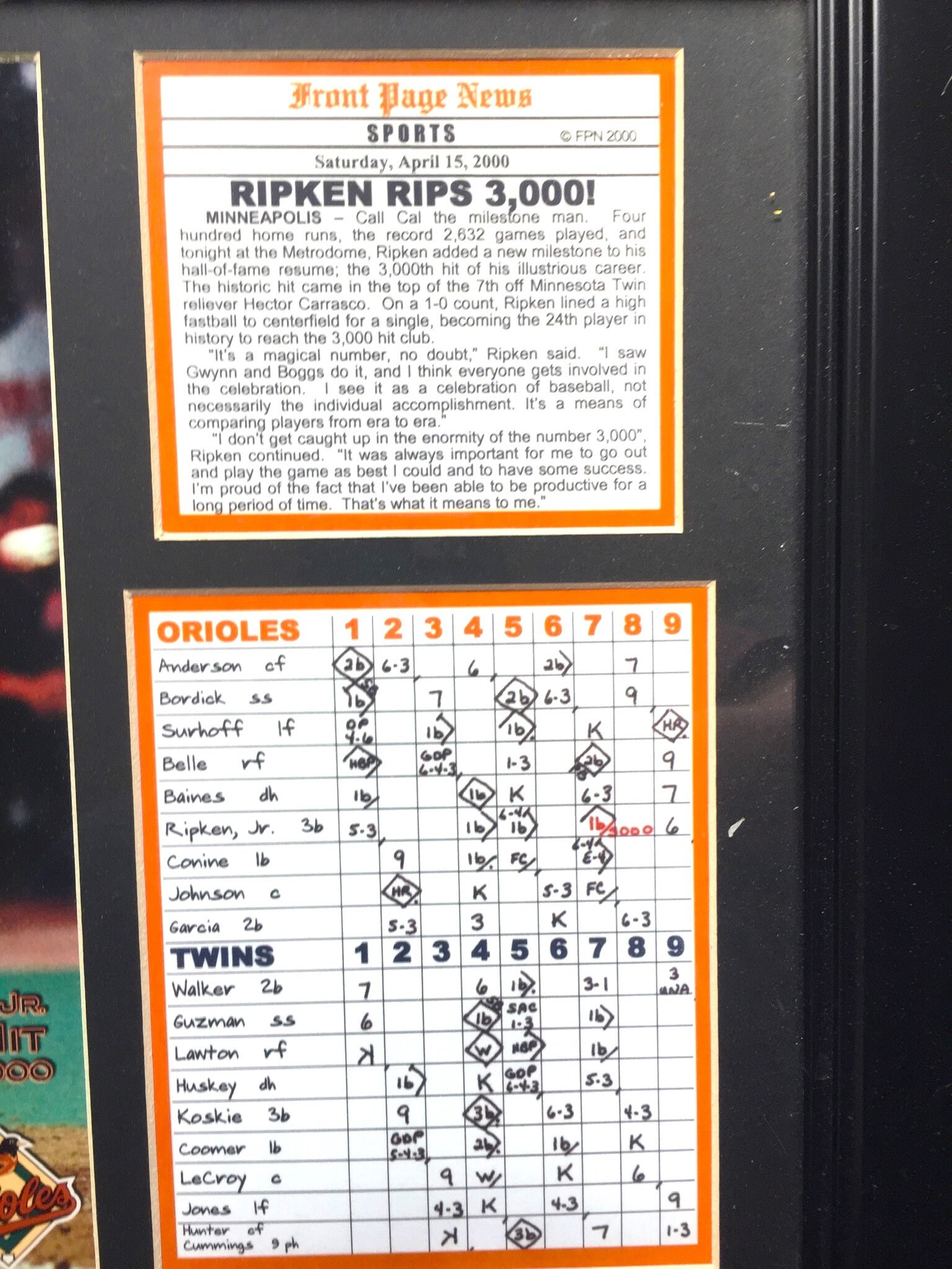 Framed Plaque photo and Lineup Card of Cal Ripken Getting 300th Hit apr ...